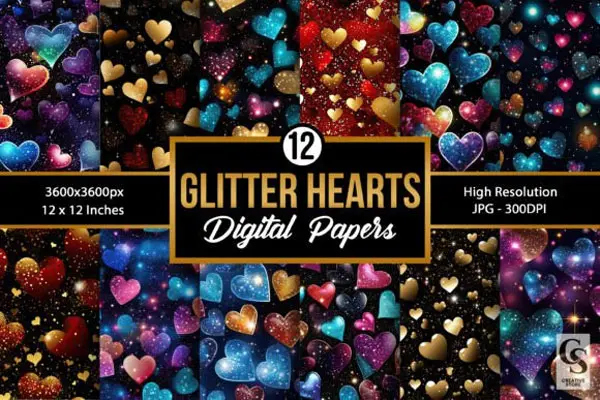 12 Glittery Hearts Pattern Digital Papers | Luckystudio4u